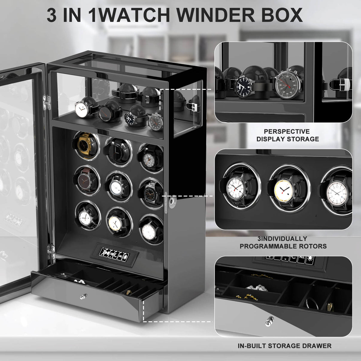 Patented Design 9 Watch Winders with 4 Watch Holders Fingerprint Lock ...