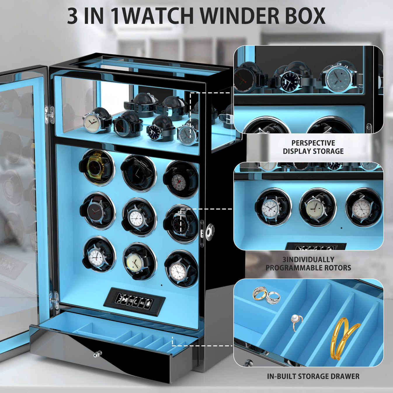 Fingerprint Lock 9 Watch Winders with Extra 4 Watches Storage LCD Remo ...