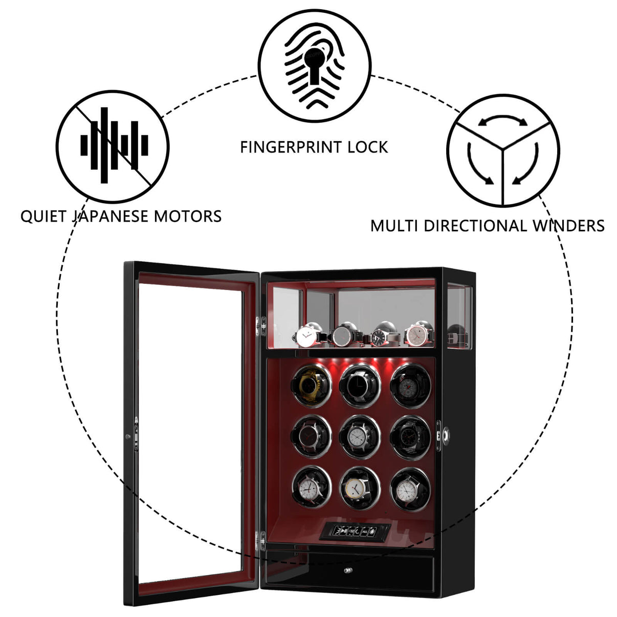 Fingerprint Lock 9 Watch Winders with 4 Watch Holders Storage LCD Remo ...