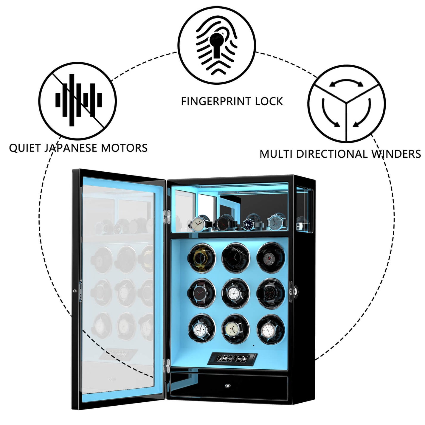 Fingerprint Lock 9 Watch Winders with Extra 4 Watches Storage LCD Remo ...