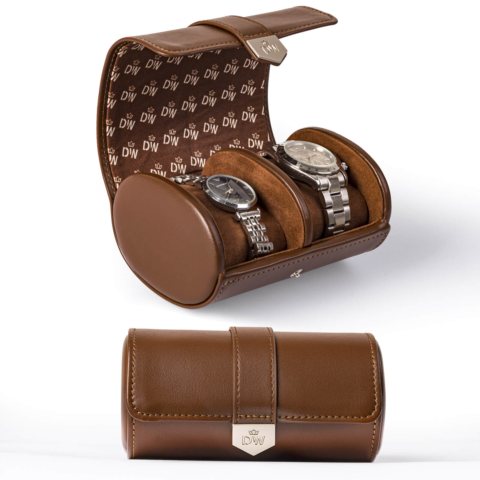 Vegan Leather Double Watch Roll Travel Case - Brown – DUKWIN